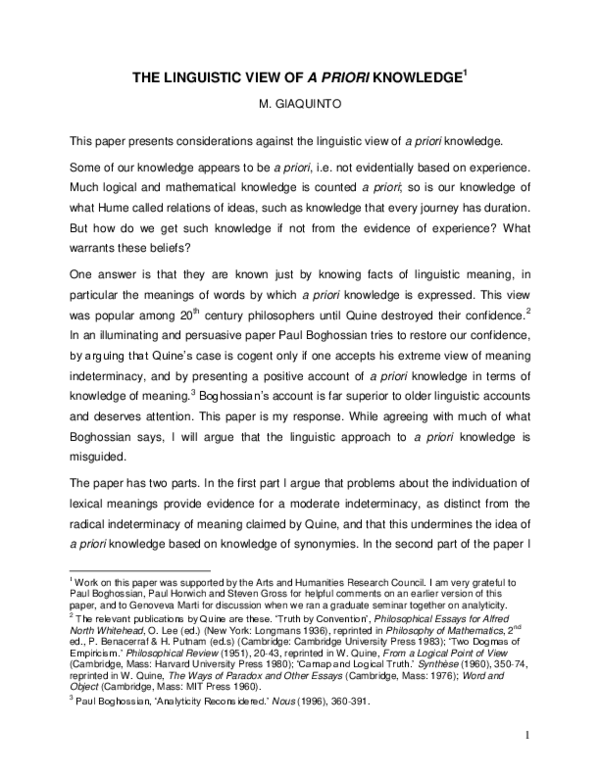 (PDF) The Linguistic View of a Priori Knowledge | Marcus Giaquinto ...