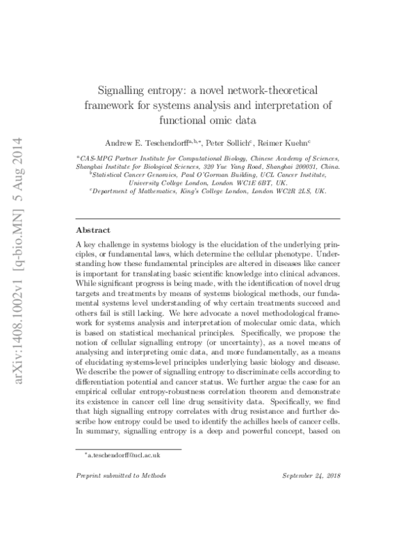 Pdf Signalling Entropy A Novel Network Theoretical Framework For Systems Analysis And