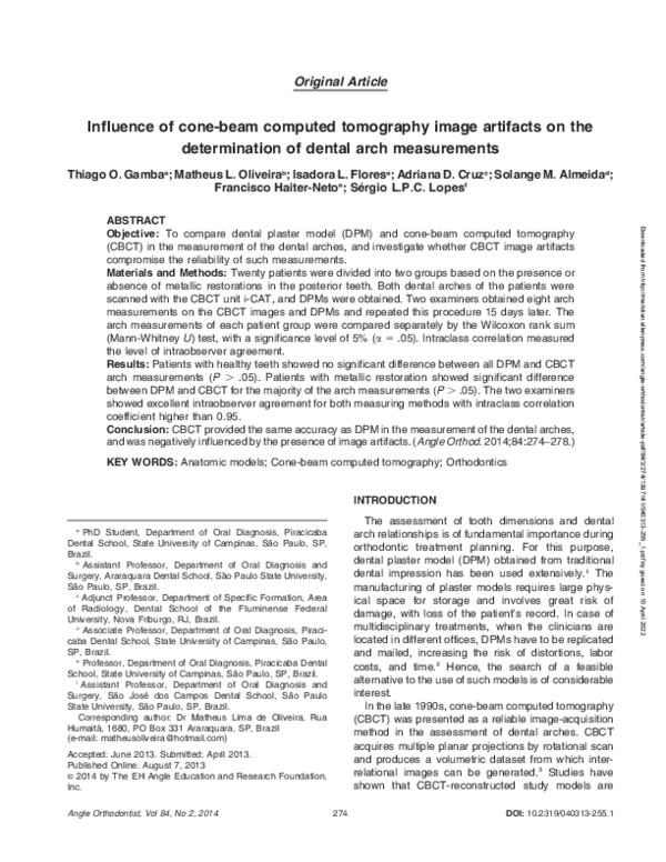 Pdf Influence Of Cone Beam Computed Tomography Image Artifacts On The Determination Of Dental