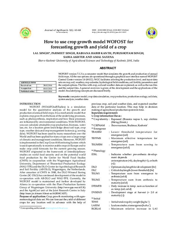 (PDF) How to Use Crop Growth Model Wofost for Forecasting Growth and Yield of a Crop