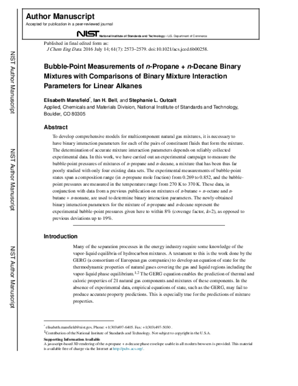 (PDF) Bubble-Point Measurements of n-Propane + n-Decane Binary Mixtures with Comparisons of ...