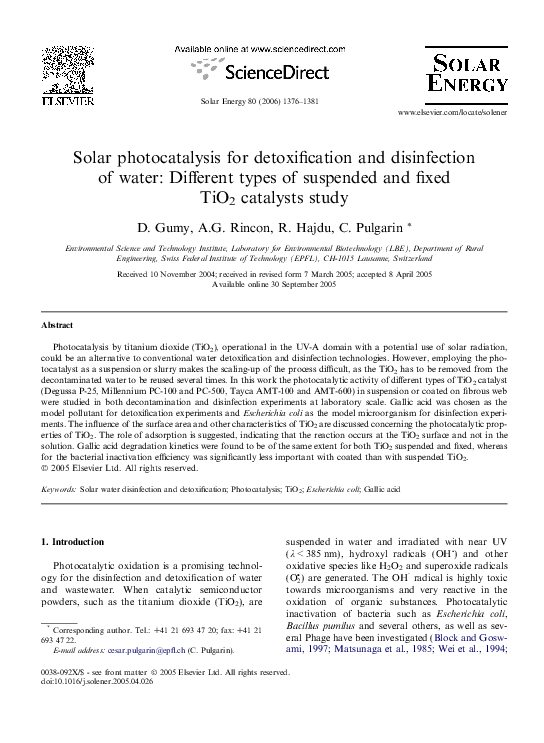 (PDF) Solar photocatalysis for detoxification and disinfection of water ...