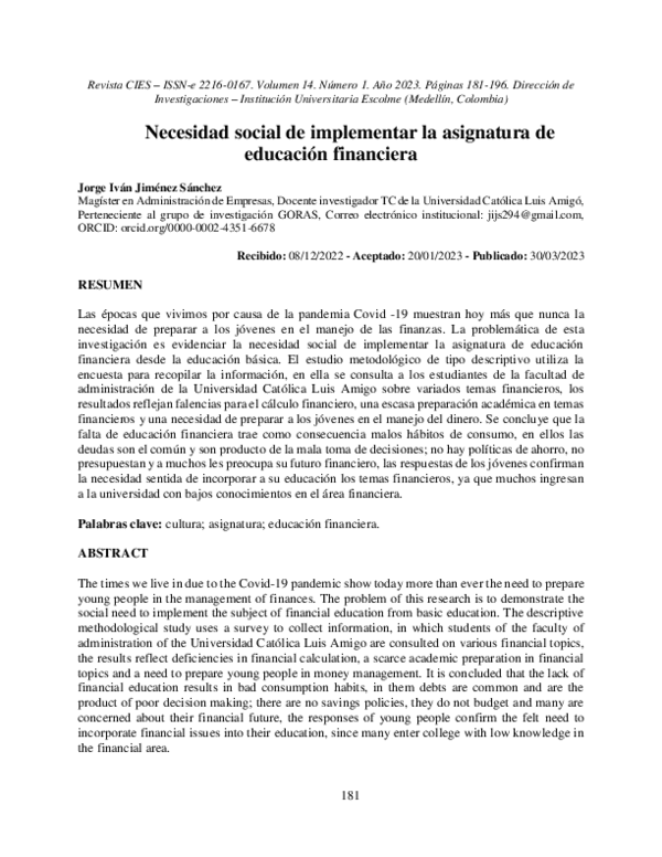 (PDF) Necesidad social de implementar la asignatura de educación financiera