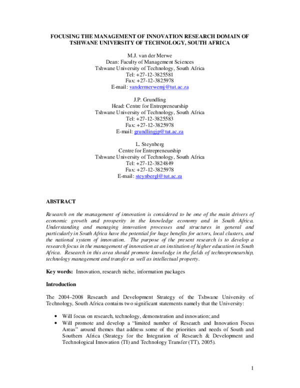 (PDF) Focusing the Management of Innovation Research Domain of Tshwane ...