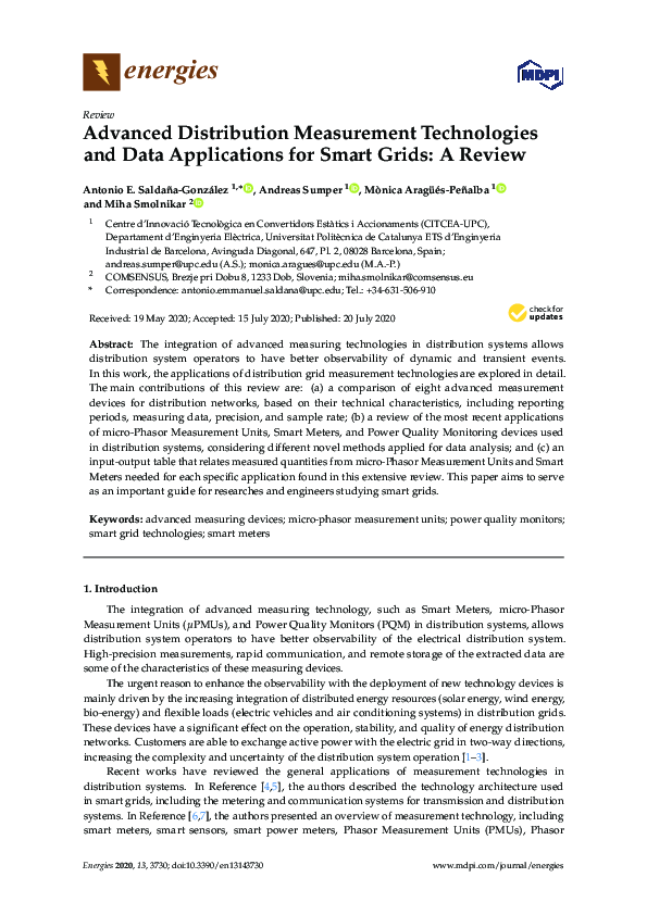 (PDF) Advanced Distribution Measurement Technologies and Data Applications for Smart Grids: A Review