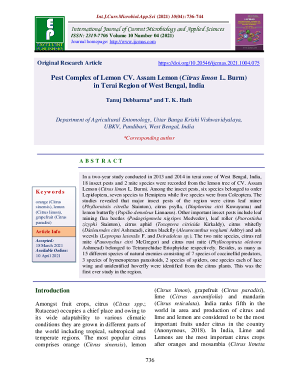 (PDF) Pest Complex of Lemon CV. Assam Lemon (Citrus limon L. Burm) in ...
