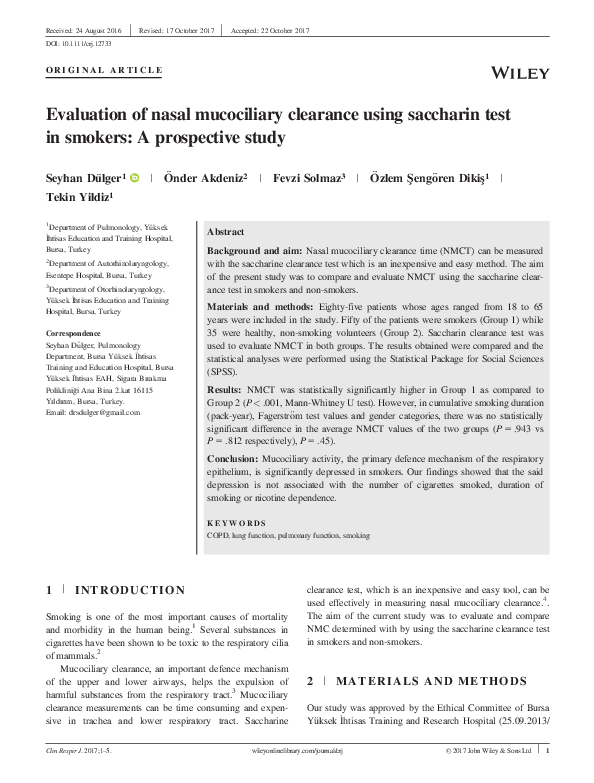 (PDF) Evaluation of nasal mucociliary clearance using saccharin test in ...