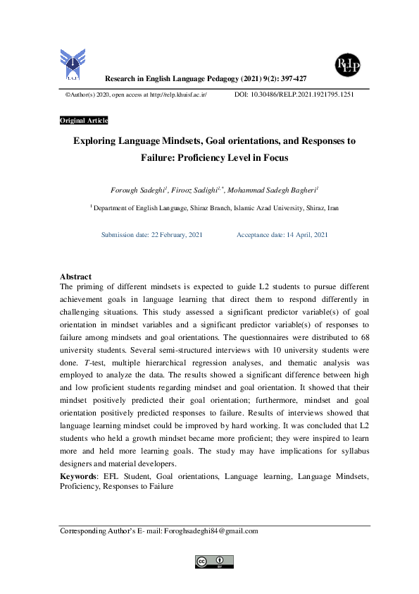 (PDF) Exploring Language Mindsets, Goal orientations, and Responses to Failure: Proficiency ...