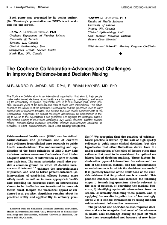 (PDF) The Cochrane Collaboration-Advances and Challenges in Improving ...