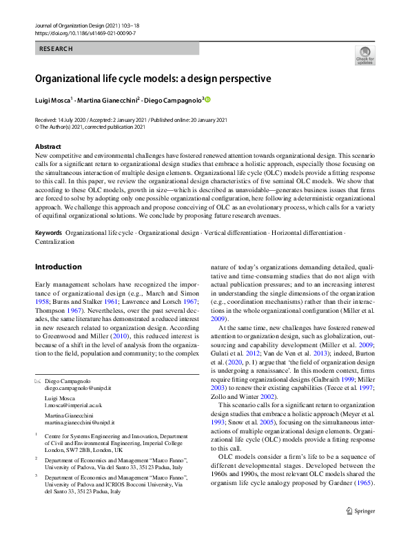 (PDF) Organizational life cycle models: a design perspective