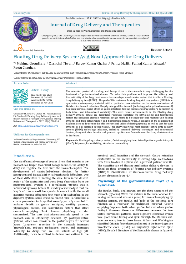 Pdf Floating Drug Delivery System As A Novel Approach For Drug Delivery