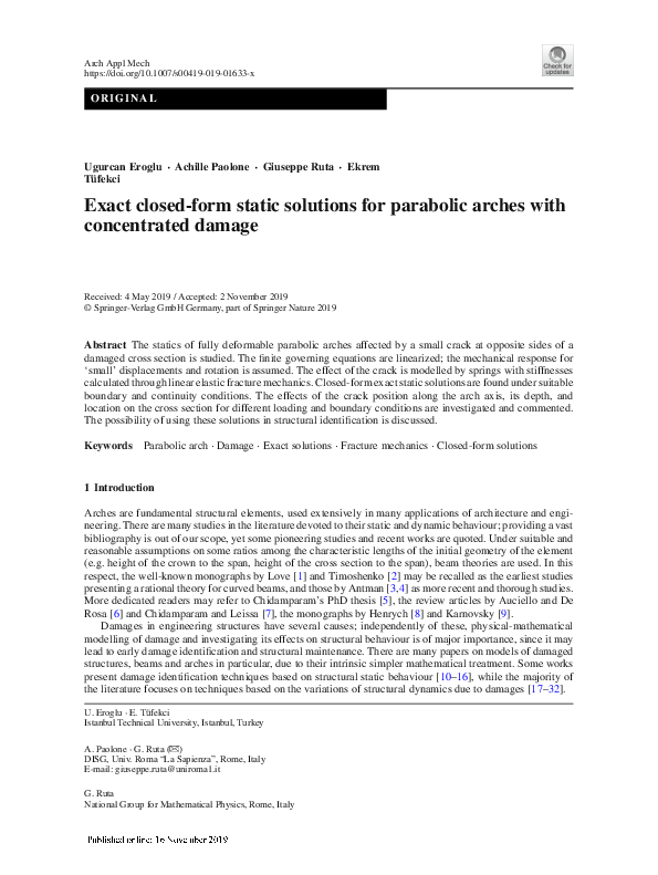 (PDF) Exact closed-form static solutions for parabolic arches with ...