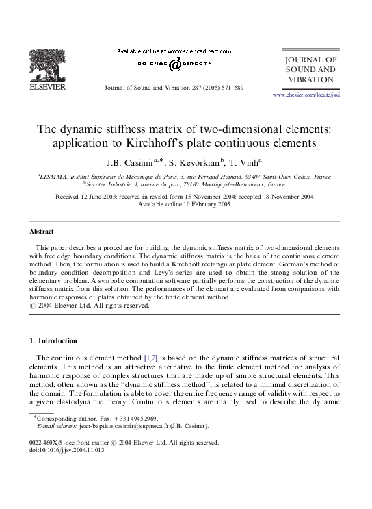 (PDF) The dynamic stiffness matrix of two-dimensional elements: application to Kirchhoff's plate ...