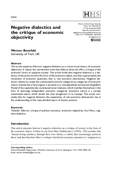 (PDF) Negative dialectics and the critique of economic objectivity