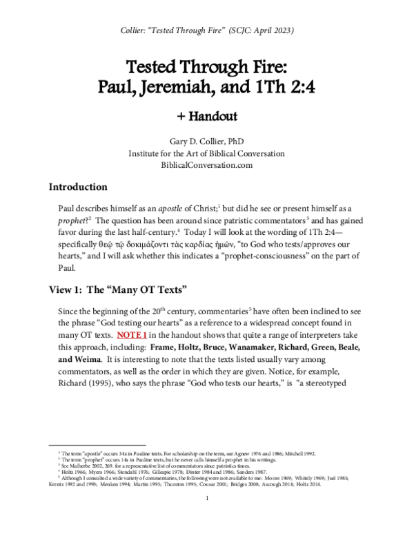 Tested Through Fire: Paul, Jeremiah, and 1Th 2:4 + Handout