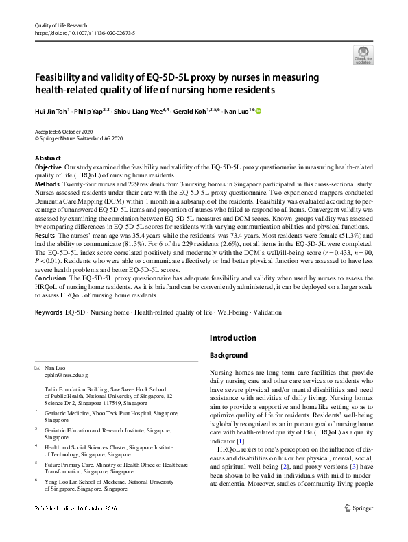 (PDF) Feasibility and validity of EQ-5D-5L proxy by nurses in measuring ...