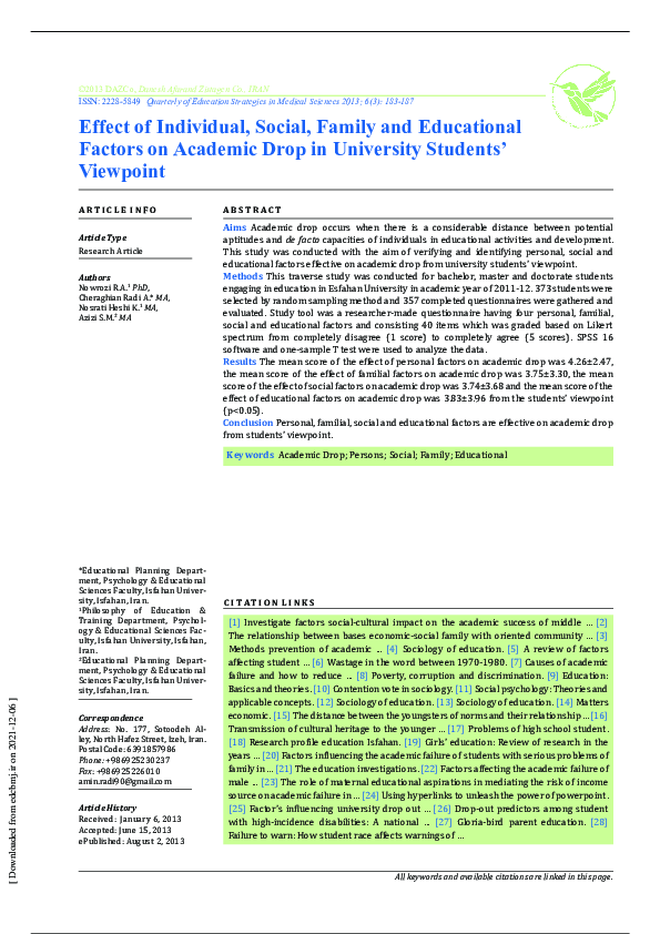 (PDF) Effect of Individual, Social, Family and Educational Factors on ...