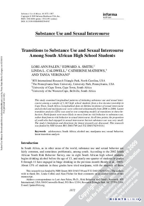 (PDF) Substance Use and Sexual Intercourse Transitions to Substance Use and Sexual Intercourse ...