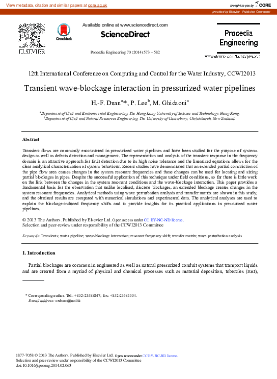 (PDF) Transient Wave-blockage Interaction in Pressurized Water Pipelines