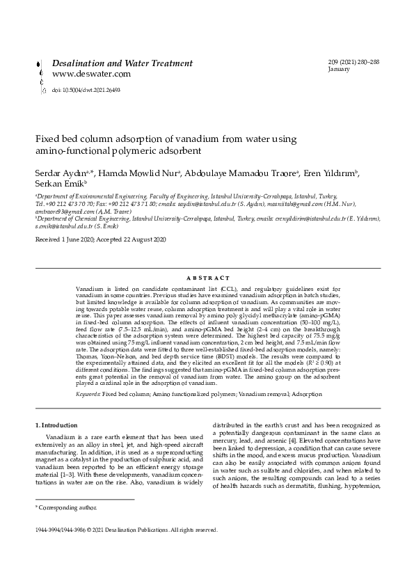 (PDF) Fixed bed column adsorption of vanadium from water using amino ...