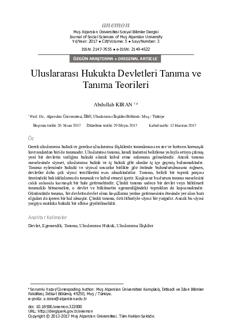 (PDF) Uluslararası Hukukta Devletleri Tanıma ve Tanıma Teorileri