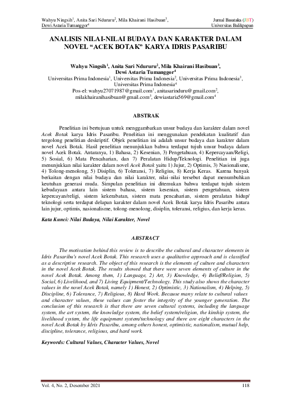(PDF) Analisis Nilai-Nilai Budaya Dan Karakter Dalam Novel “Acek Botak” Karya Idris Pasaribu
