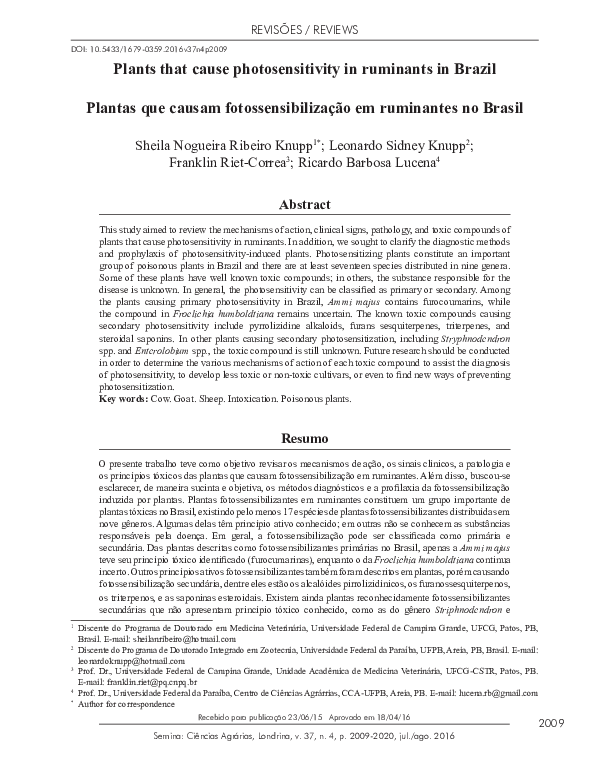 (PDF) Plants that cause photosensitivity in ruminants in Brazil
