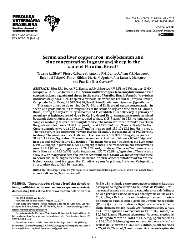 (PDF) Serum and liver copper, iron, molybdenum and zinc concentration ...