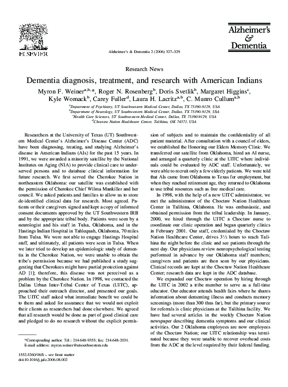 (PDF) Dementia diagnosis, treatment, and research with American Indians