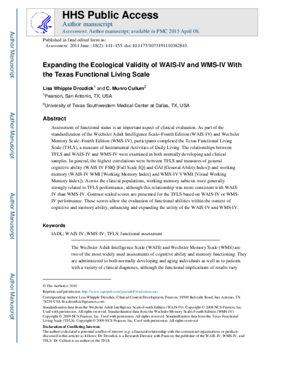 (PDF) Expanding the Ecological Validity of WAIS-IV and WMS-IV With the ...