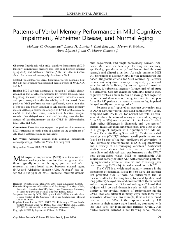 (PDF) Patterns of Verbal Memory Performance in Mild Cognitive ...