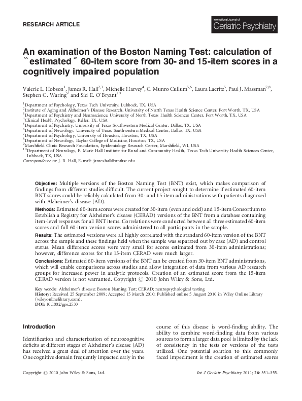 (PDF) An examination of the Boston Naming Test: calculation of ...