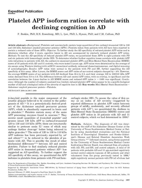 (PDF) Platelet APP isoform ratios correlate with declining cognition in AD