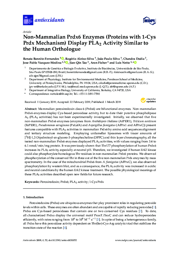 (PDF) Non-Mammalian Prdx6 Enzymes (Proteins with 1-Cys Prdx Mechanism ...