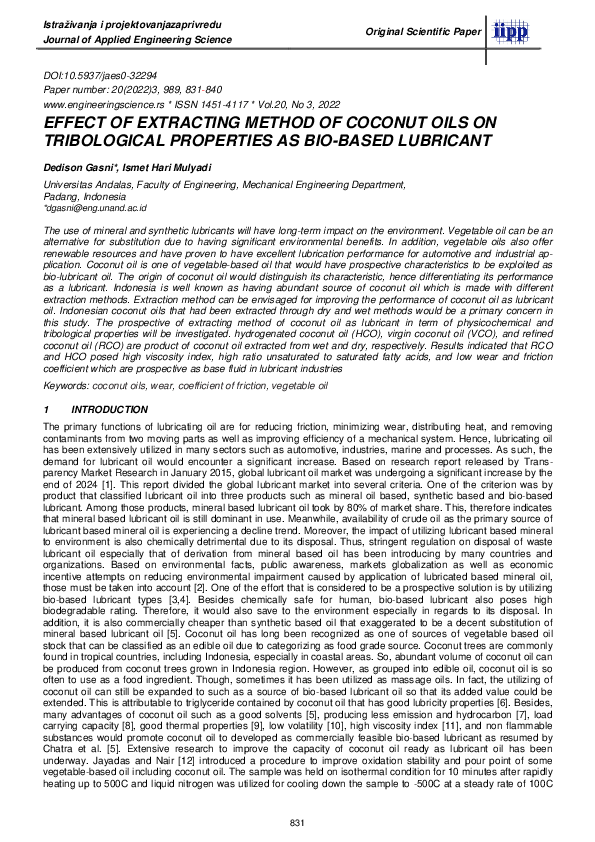 (PDF) Effect of extracting method of coconut oils on tribological ...