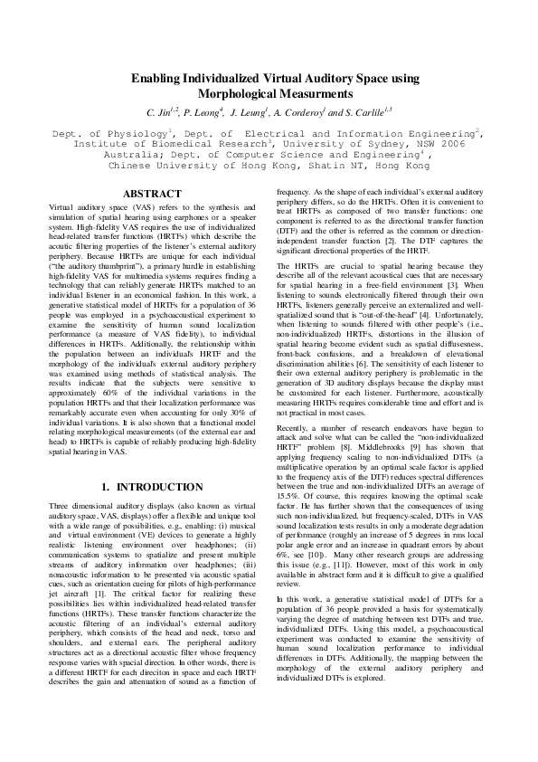 (PDF) Enabling individualized virtual auditory space using morphological measurements