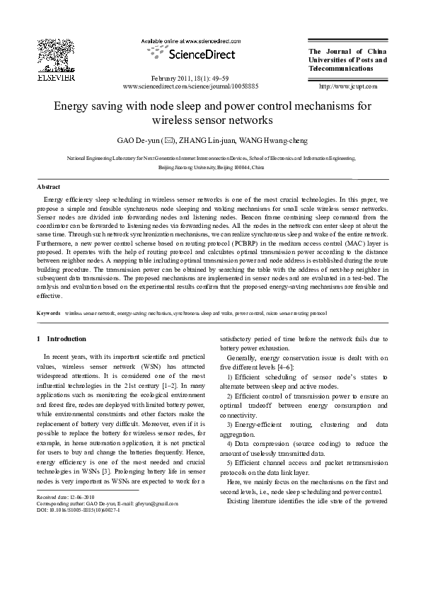 (PDF) Energy saving with node sleep and power control mechanisms for wireless sensor networks
