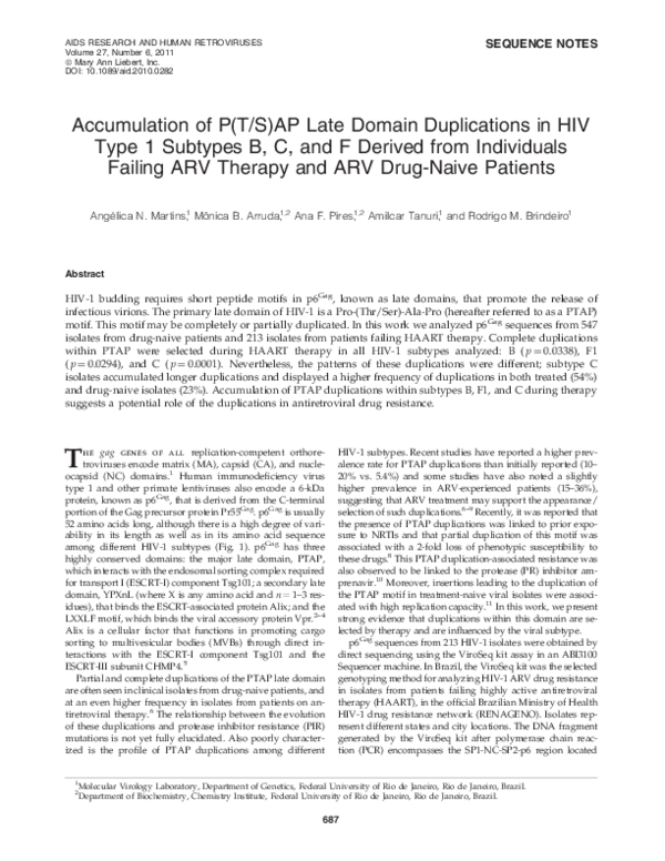 (PDF) Accumulation of P(T/S)AP Late Domain Duplications in HIV Type 1 ...