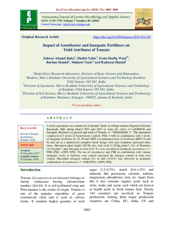 Pdf Impact Of Azotobacter And Inorganic Fertilizers On Yield