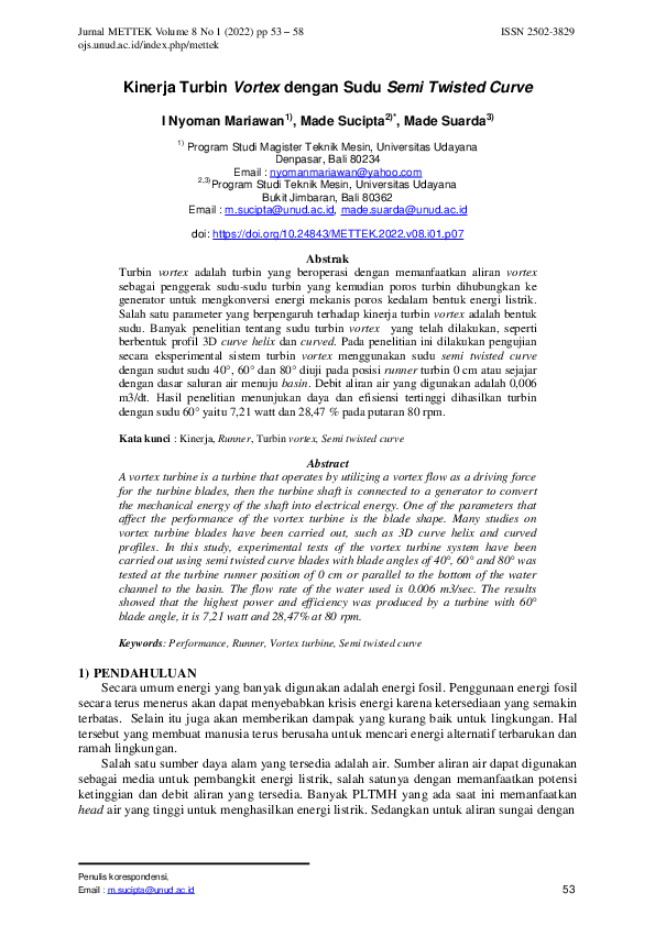 (PDF) Kinerja Turbin Vortex dengan Sudu Semi Twisted Curve