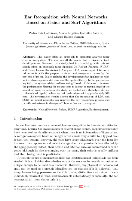 (PDF) Ear Recognition with Neural Networks Based on Fisher and Surf Algorithms