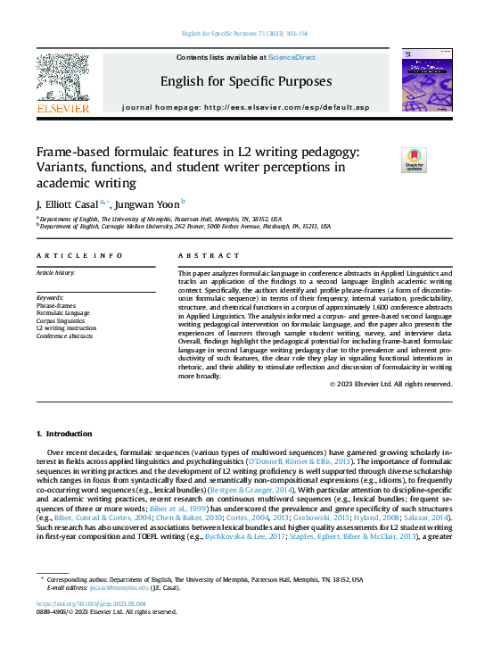 (PDF) Frame-based formulaic features in L2 writing pedagogy: Variants ...