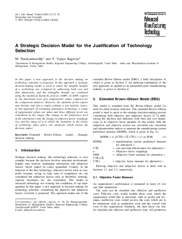 (PDF) A Strategic Decision Model for the Justification of Technology ...