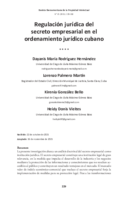(PDF) Regulación jurídica del secreto empresarial en el ordenamiento jurídico cubano