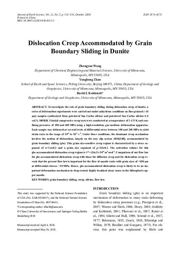 (PDF) Dislocation creep accommodated by grain boundary sliding in dunite