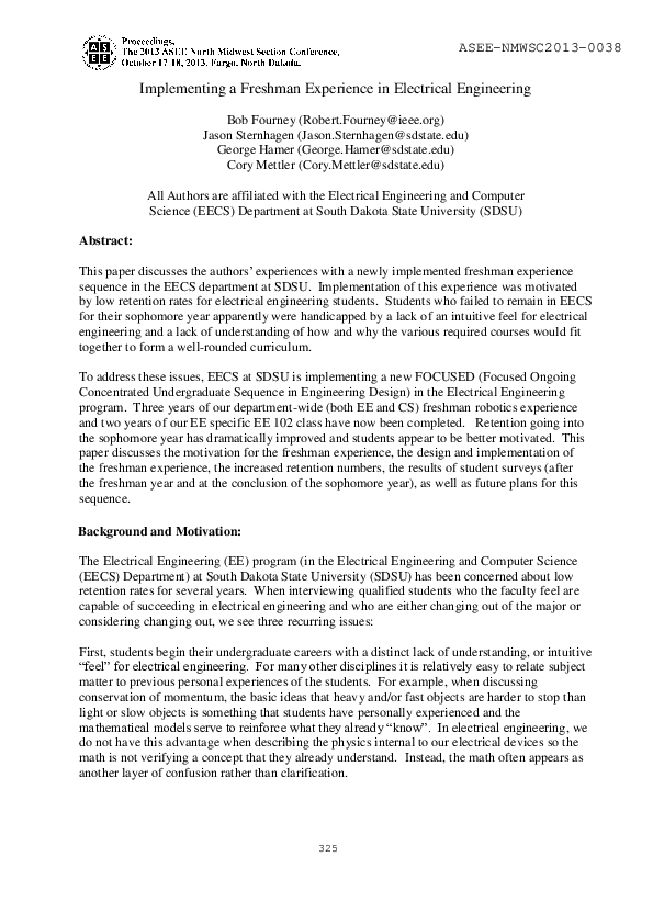 (PDF) Implementing a Freshman Experience in Electrical Engineering