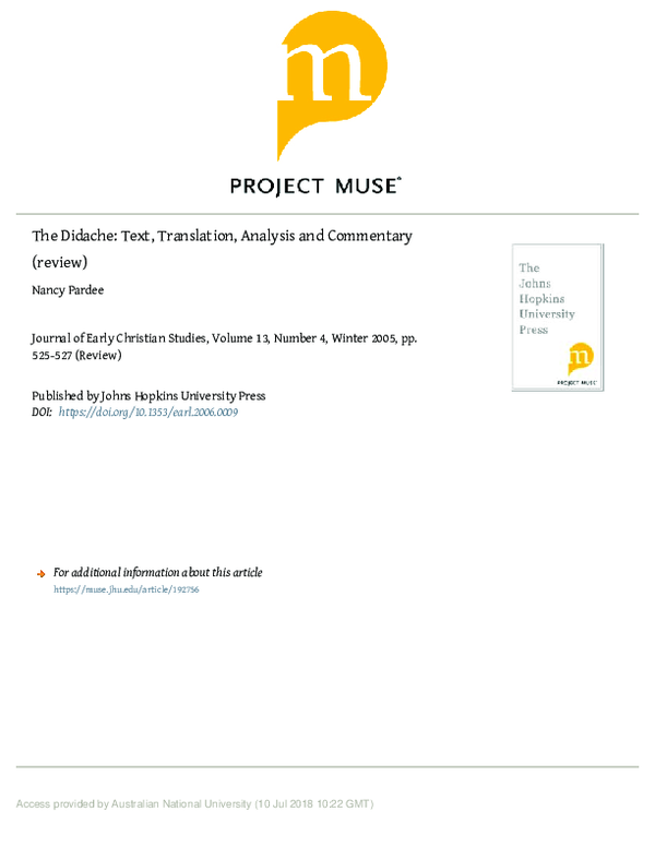 (PDF) The Didache: Text, Translation, Analysis and Commentary (review)