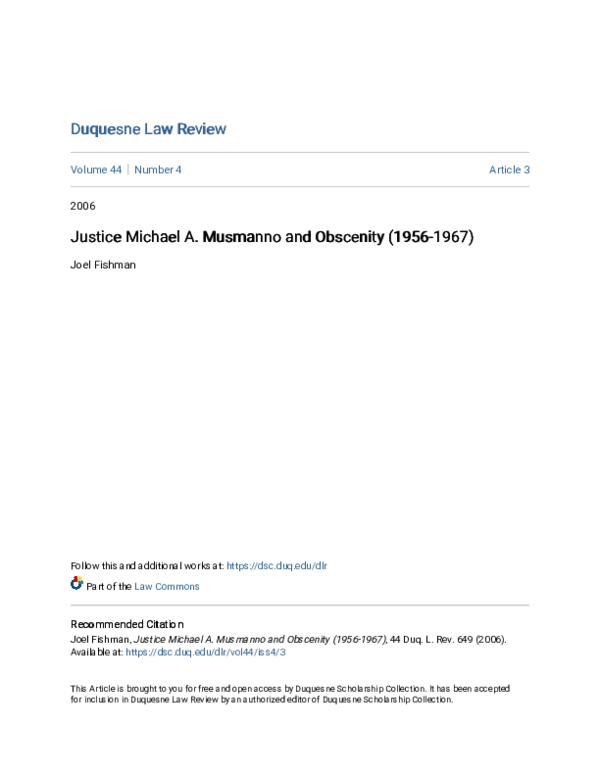(PDF) Justice Michael A. Musmanno and Obscenity (1956-1967)