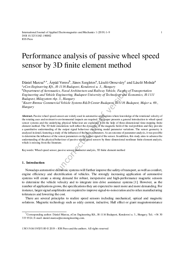 (PDF) Performance analysis of passive wheel speed sensor by 3D finite element method