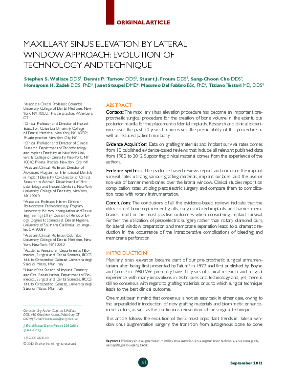(PDF) Maxillary Sinus Elevation by Lateral Window Approach: Evolution of Technology and Technique